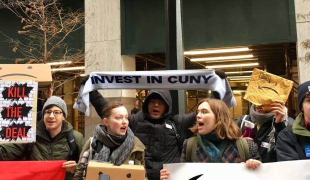 students protest cuny backing of amazon plan